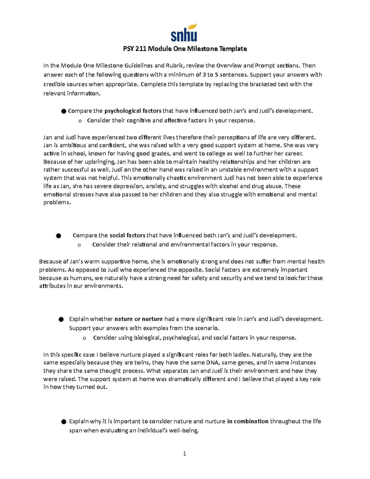 PSY 211 Module One Milestone - Then answer each of the following ...
