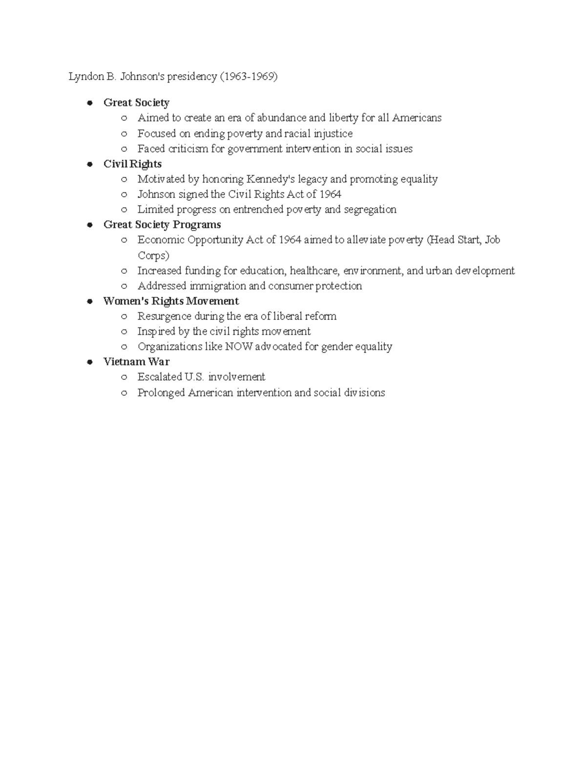 Apush Chapter 28 Notes - Lyndon B. Johnson's presidency (1963-1969 ...