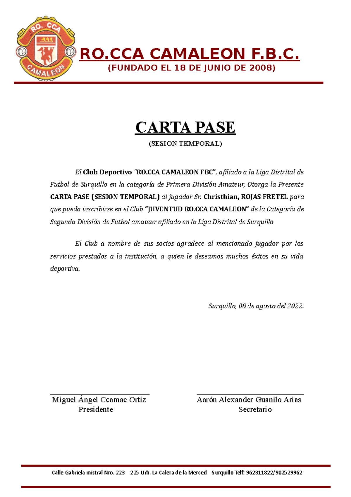 Carta PASE Juventud Rocca Camaleon - (FUNDADO EL 18 DE JUNIO DE 2008 ...