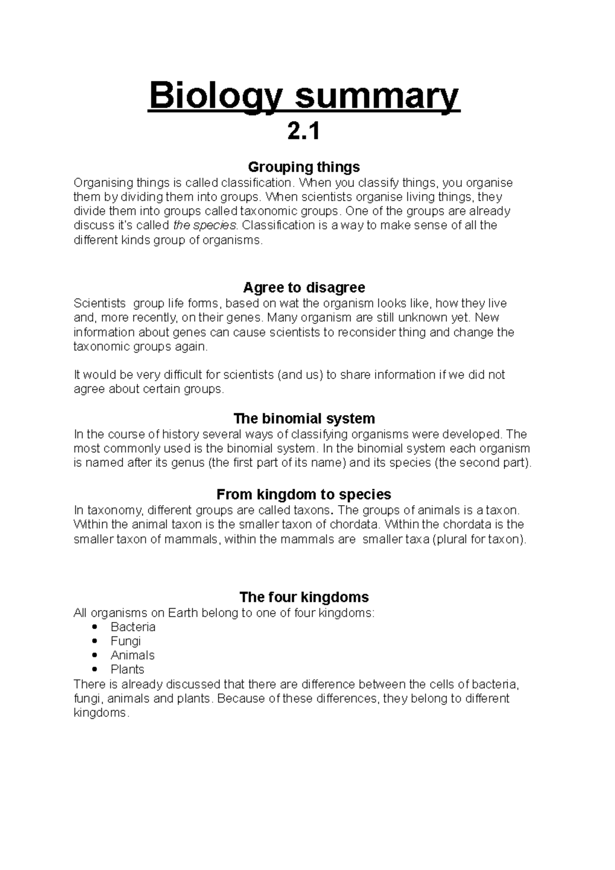 Biology summary §2 - Biology summary 2. Grouping things Organising ...