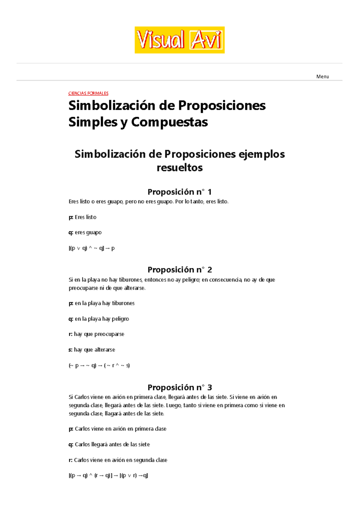 Simbolización de Proposiciones Simples y Compuestas - Visual Avi - Menu ...