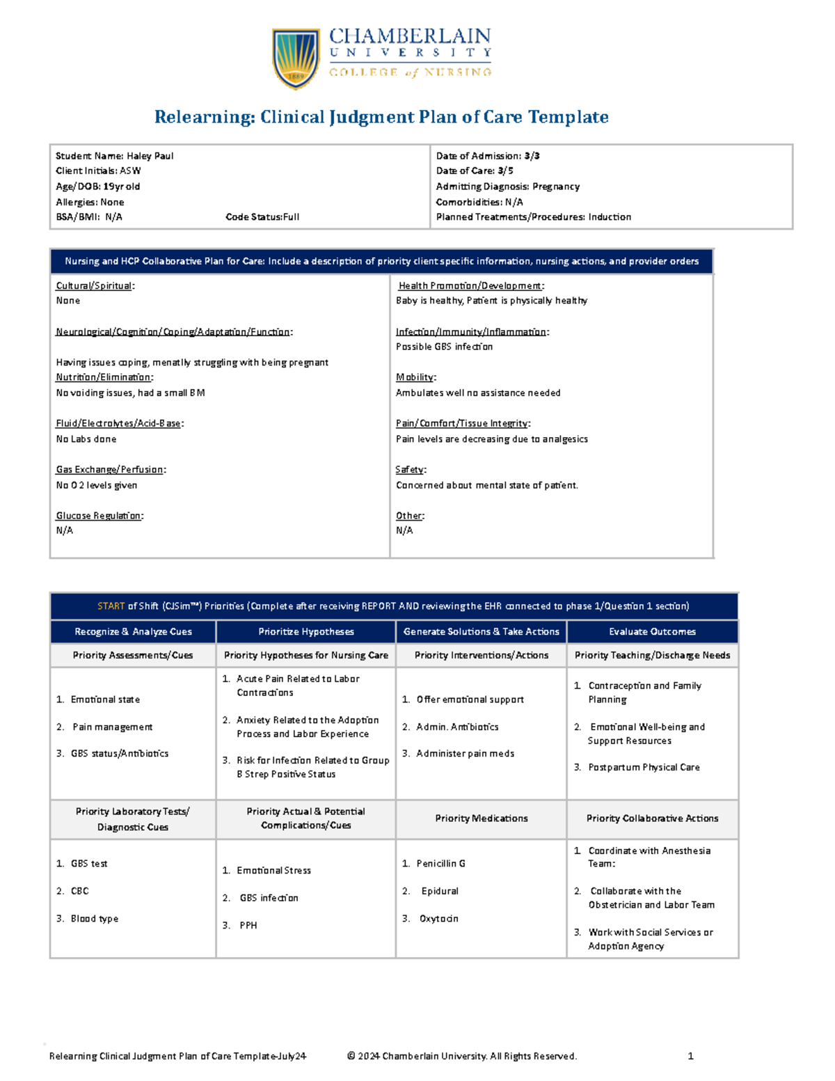 ASW Care Plan-OB - Care plan - Student Name: Haley Paul Client Ini 3 ...