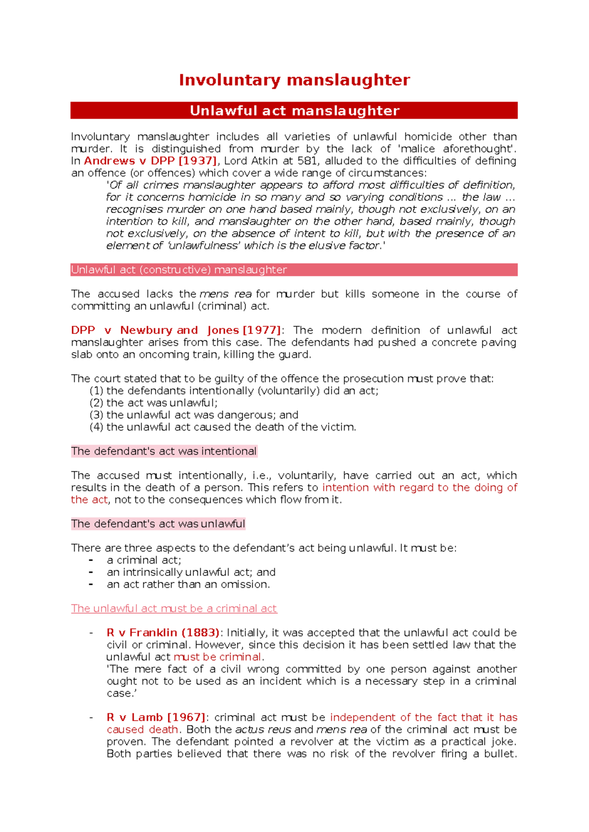 Criminal Law - Workshop 9 - Involuntary manslaughter - Involuntary ...