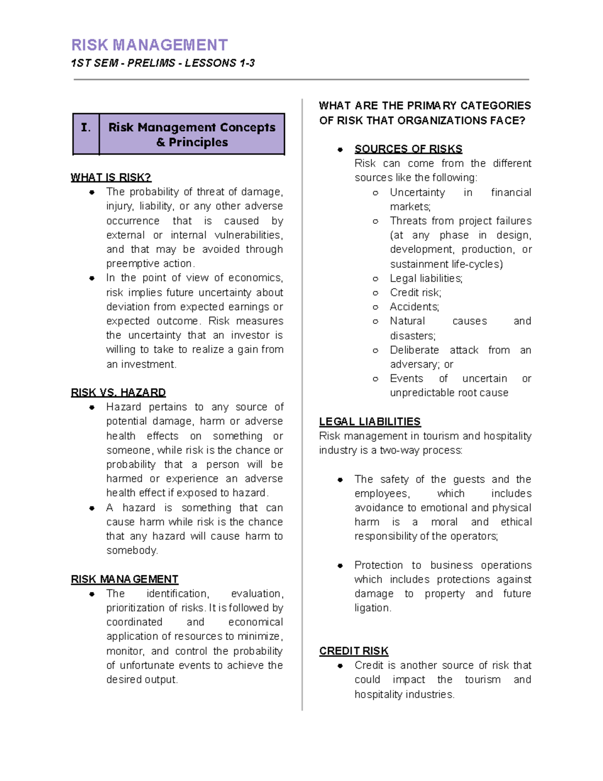 Risk- Prelims - Reviewer - 1ST SEM - PRELIMS - LESSONS 1- I. Risk ...