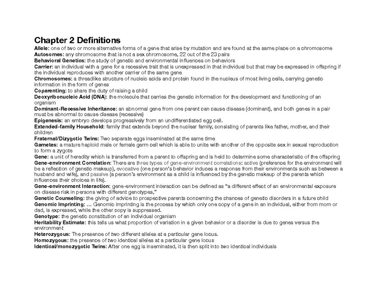 Chapter 2 definitions - Chapter 2 Definitions Allele : one of two or ...