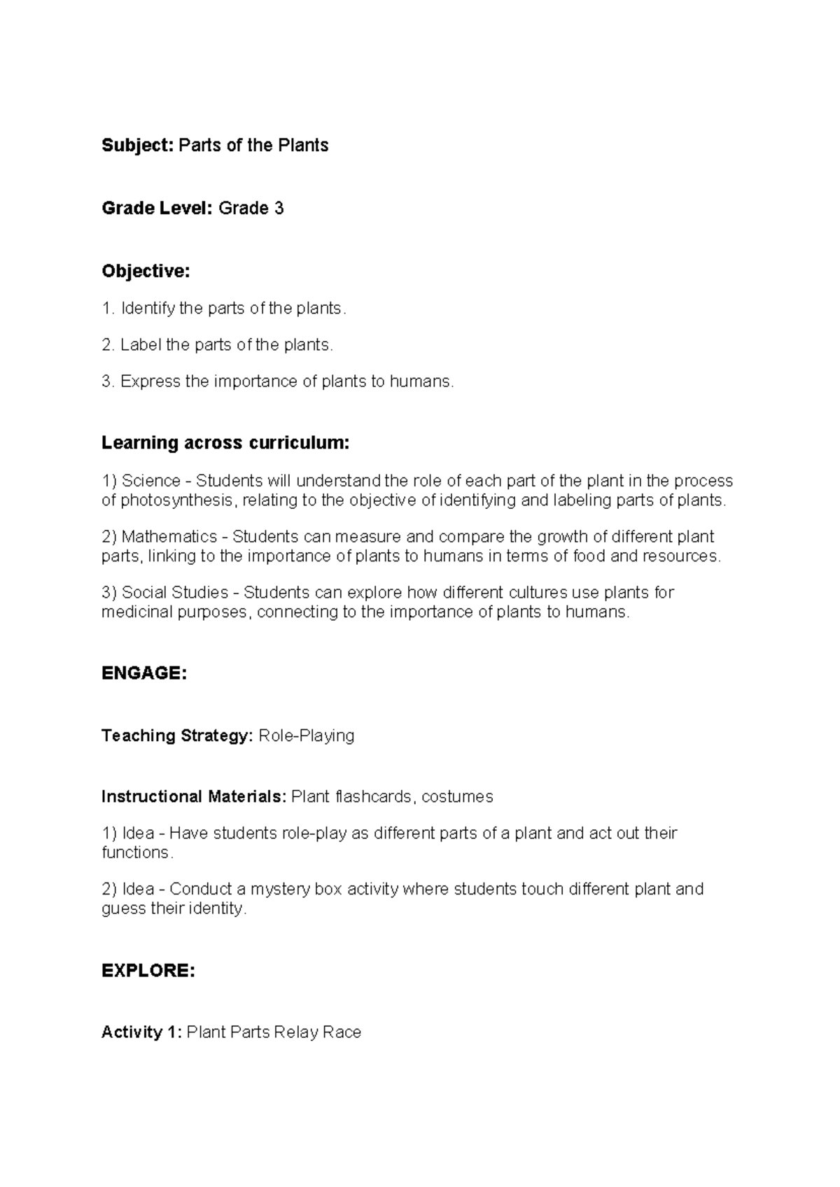 Lesson plan - Subject: Parts of the Plants Grade Level: Grade 3 ...