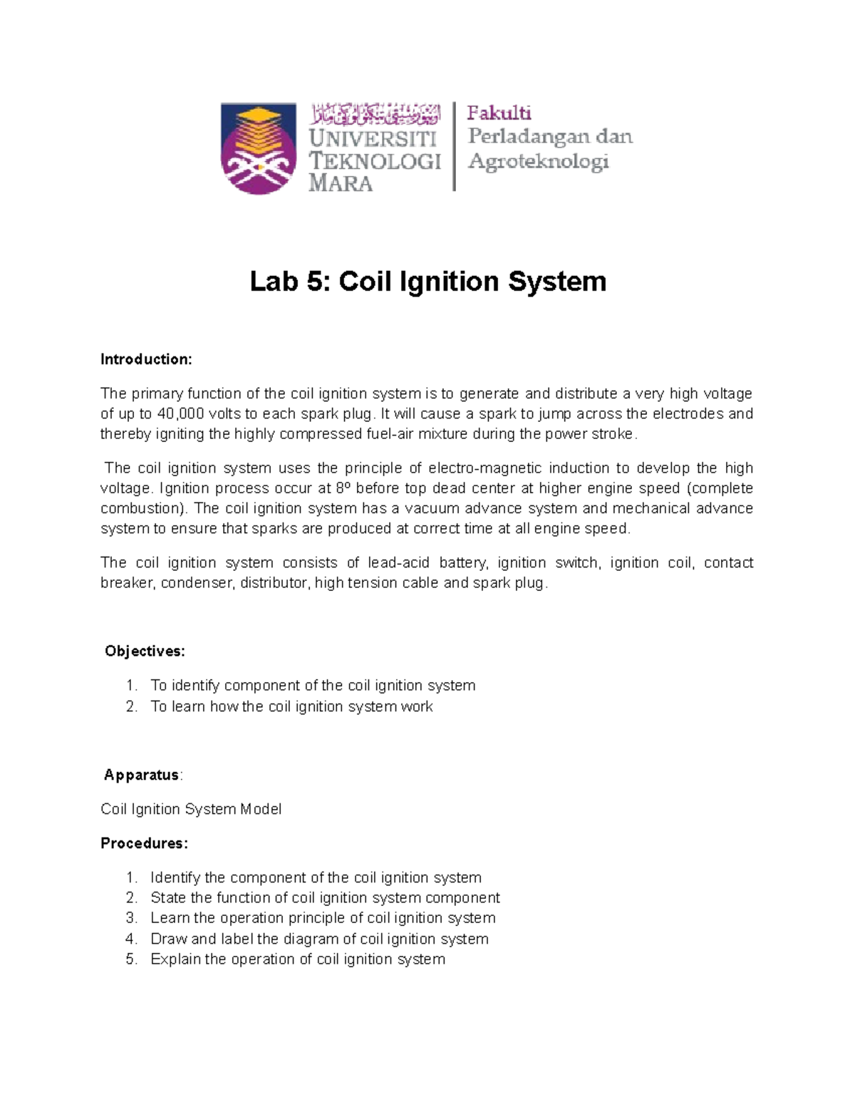 Lab 5 - Coil Ignition System (Electrical Systems) - Lab 5: Coil ...