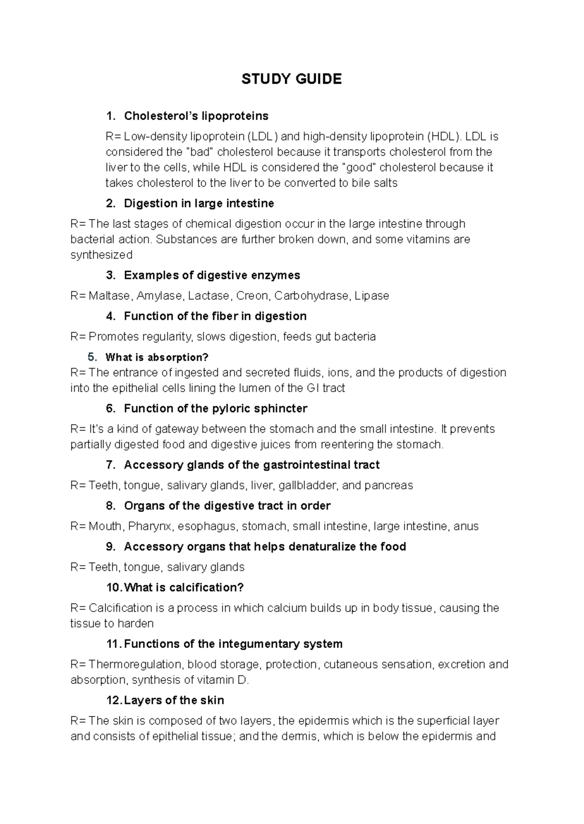 Study Guide HBC 3 - STUDY GUIDE Cholesterol’s lipoproteins R= Low ...