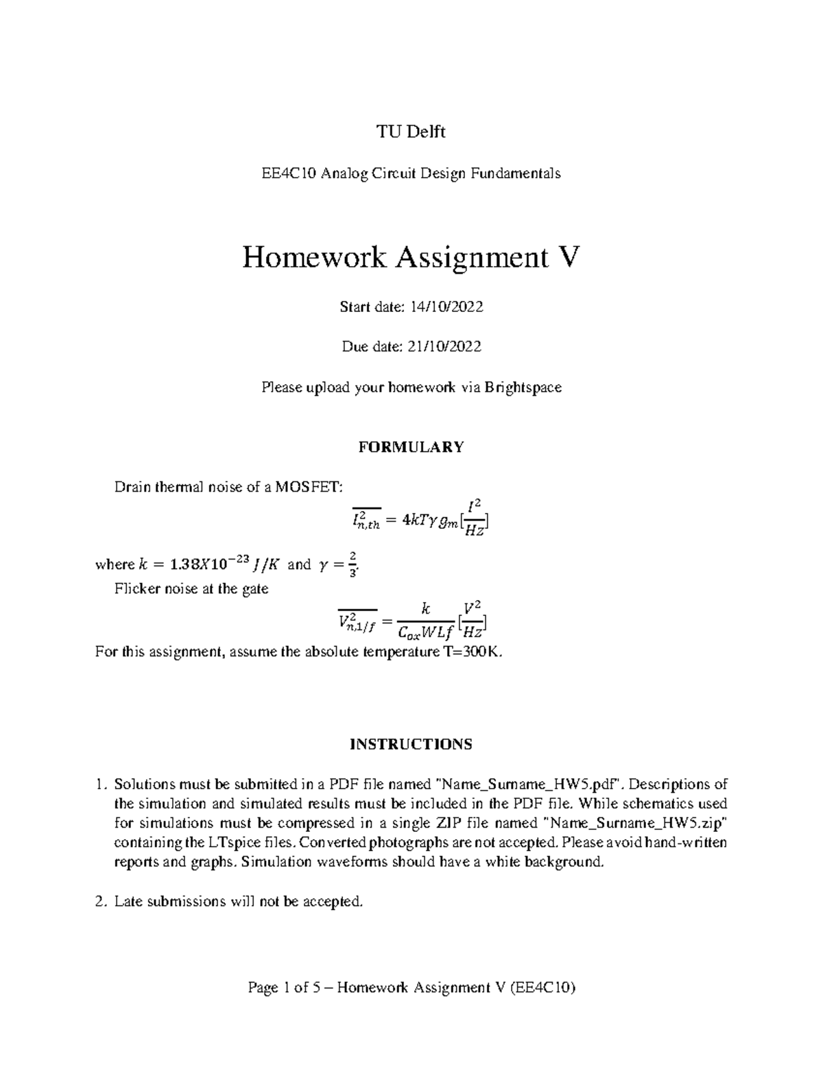EE4C10 2021 HW5 Revision 3 - TU Delft EE4C10 Analog Circuit Design Fundamentals Homework ...