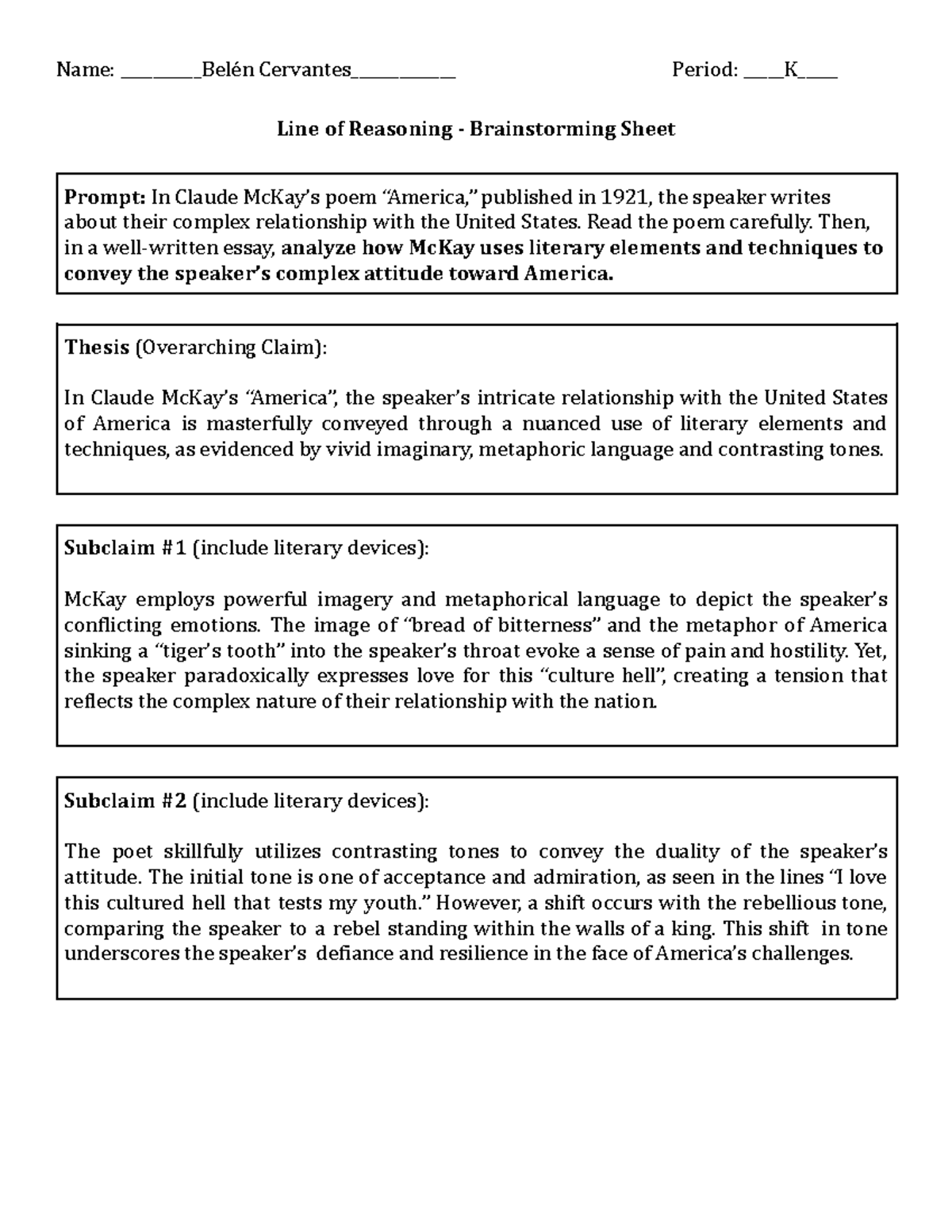 Belen Cervantes - Line of Reasoning - Brainstorming Sheet - Name: Belén ...