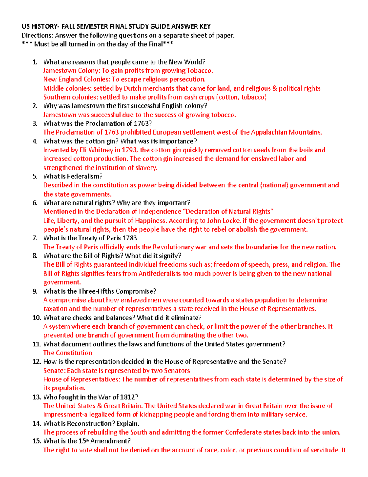 Fall Final Review Answers - US HISTORY- FALL SEMESTER FINAL STUDY GUIDE ...