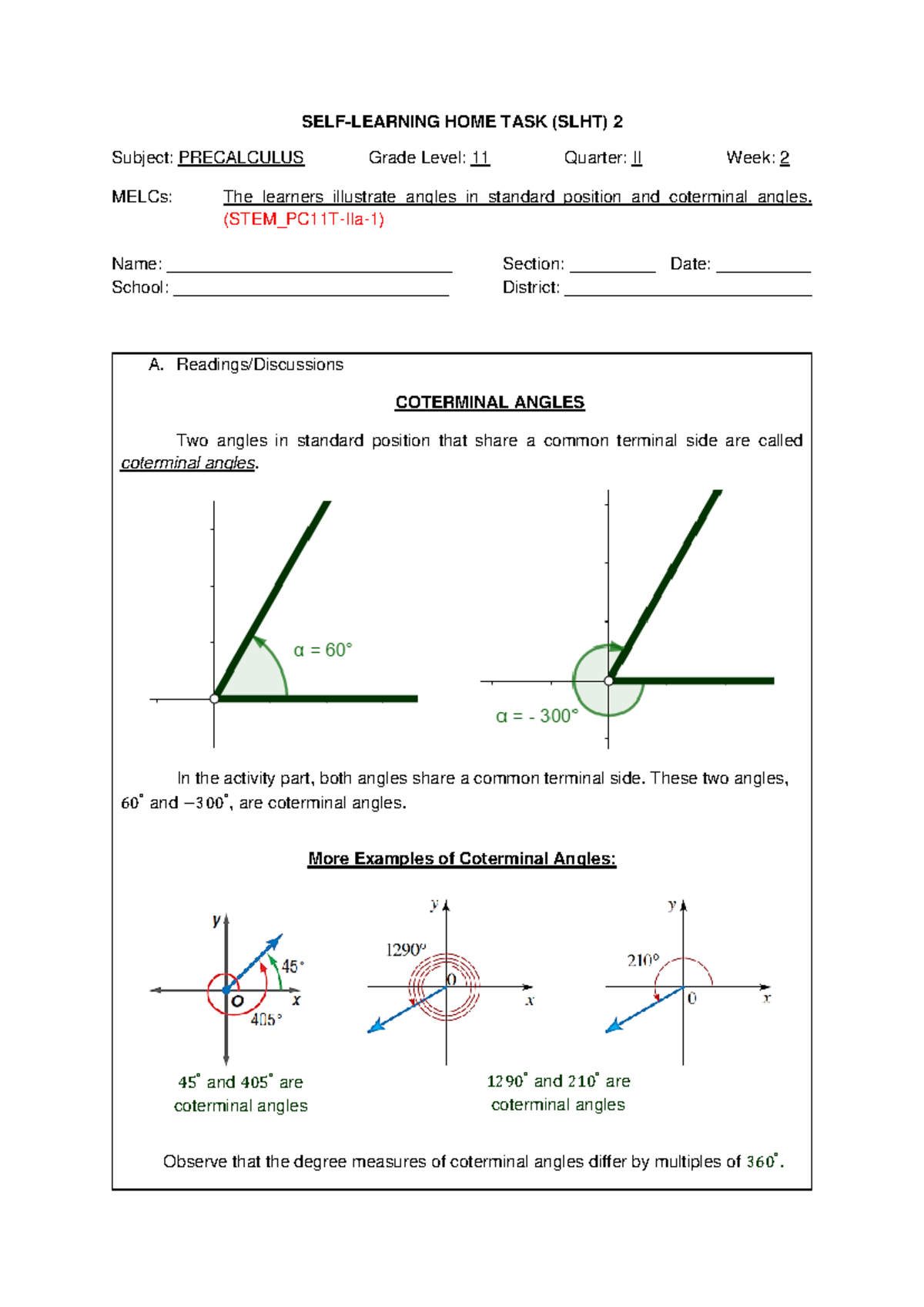 Precalculus 11 q2 slht2 coterminalangles v1 - SELF-LEARNING HOME TASK (SLHT) 2 Subject ...