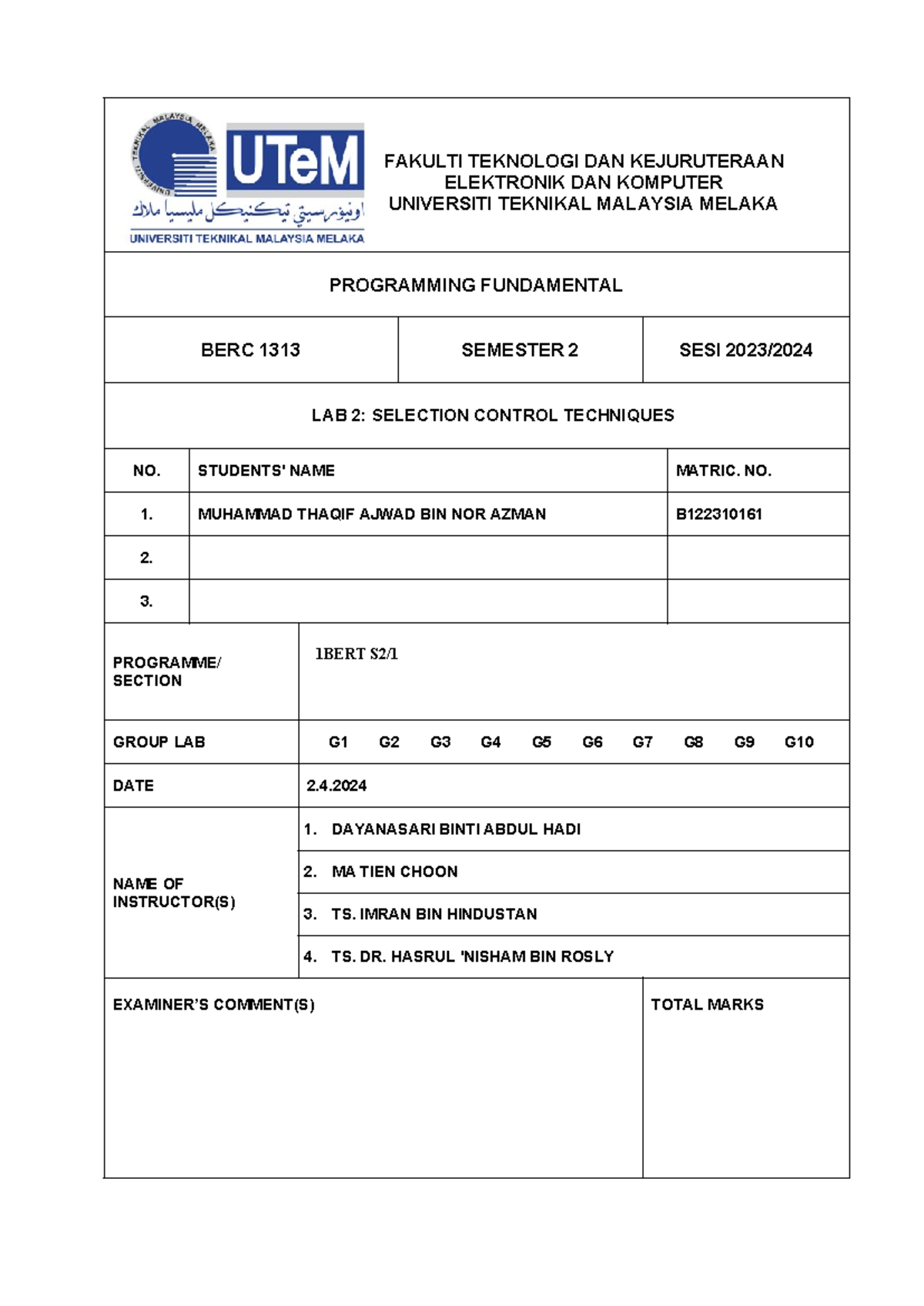 LAB2 Ajwad (B122310161) - PROGRAMMING FUNDAMENTAL BERC 1313 SEMESTER 2 SESI 2023/ LAB 2 ...
