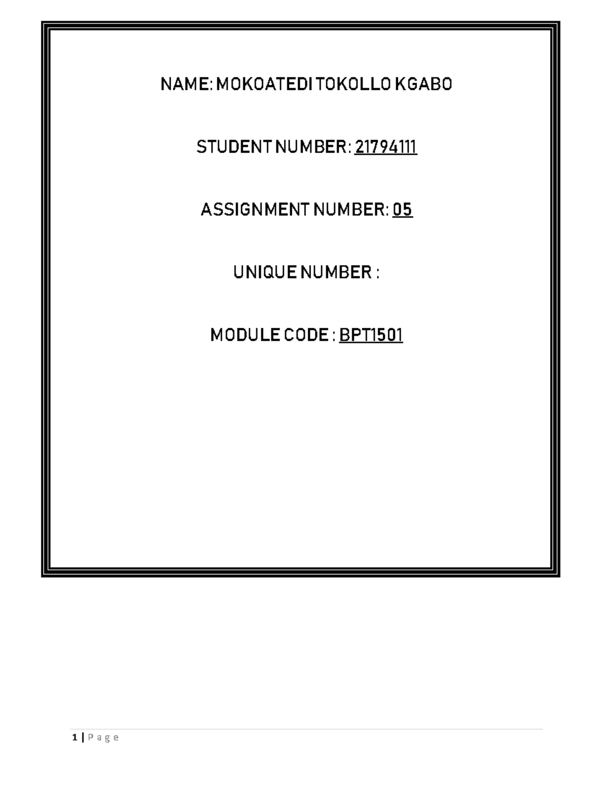 Tokollo Assignment 5 - NAME: MOKOATEDI TOKOLLO KGABO STUDENT NUMBER ...