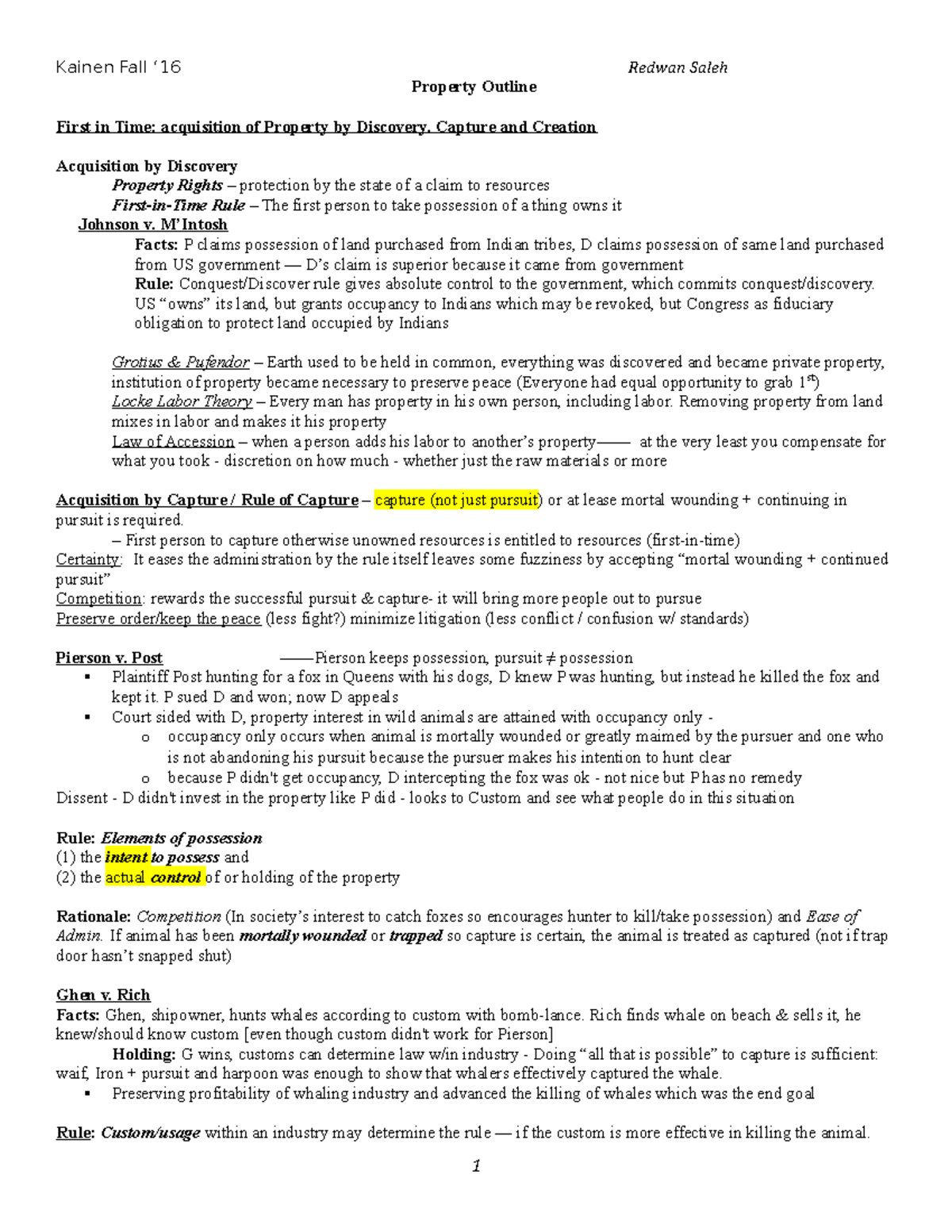 Property Law Outline - 2 - Kainen Fall ‘16 Redwan Saleh Property ...
