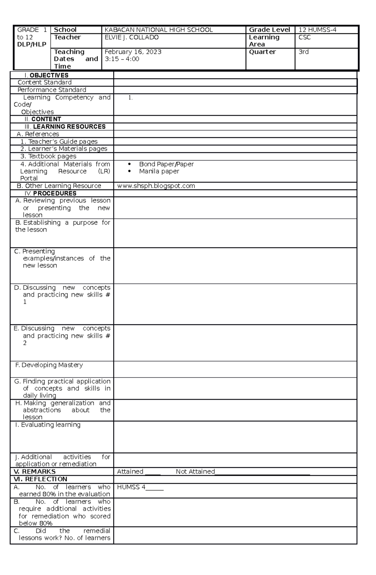 Blank LP - Lesson PLan - GRADE 1 to 12 DLP/HLP School KABACAN NATIONAL ...