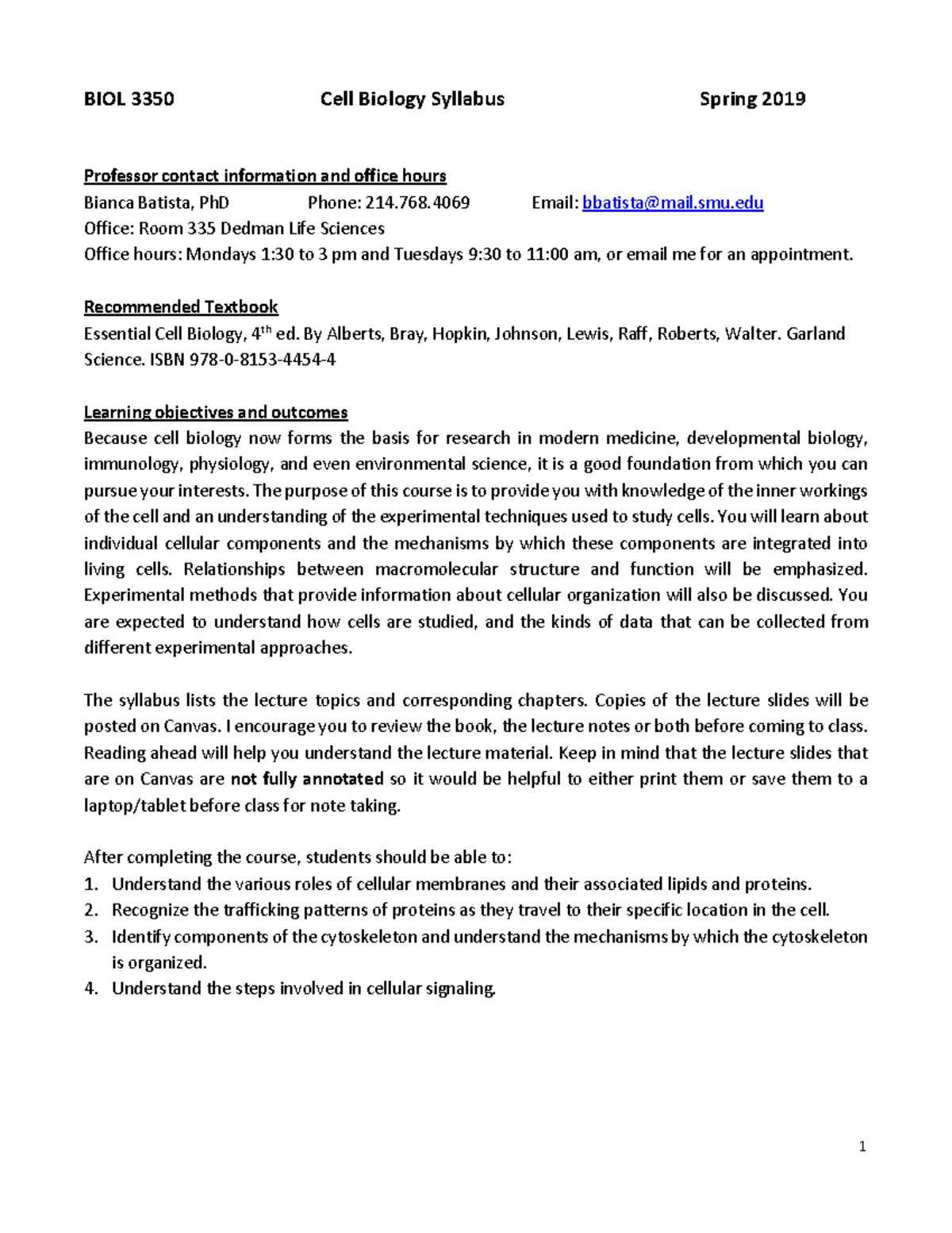 BIOL 3350-Spring 19 Syllabus - BIOL 3350 Cell Biology Syllabus Spring ...