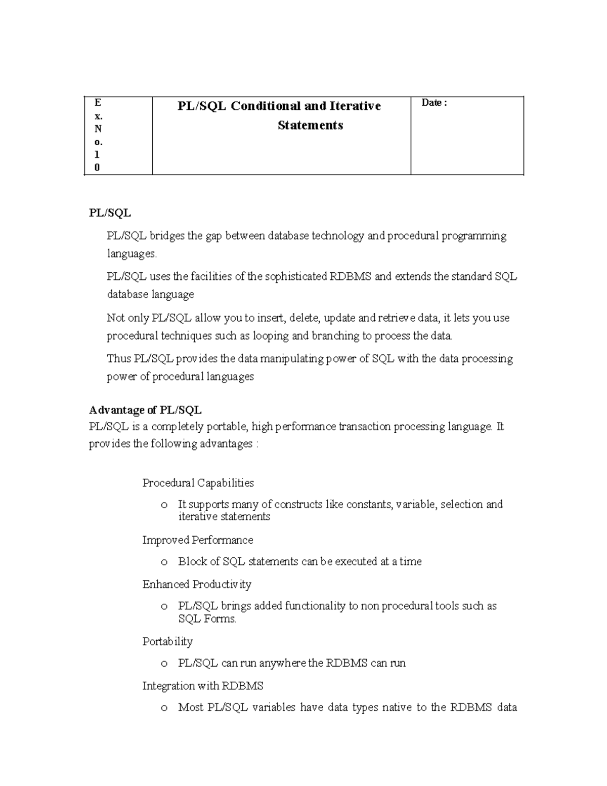 lab experiment 10 - E x. N o. 1 0 PL/SQL Conditional and Iterative Statements Date : PL/SQL PL ...