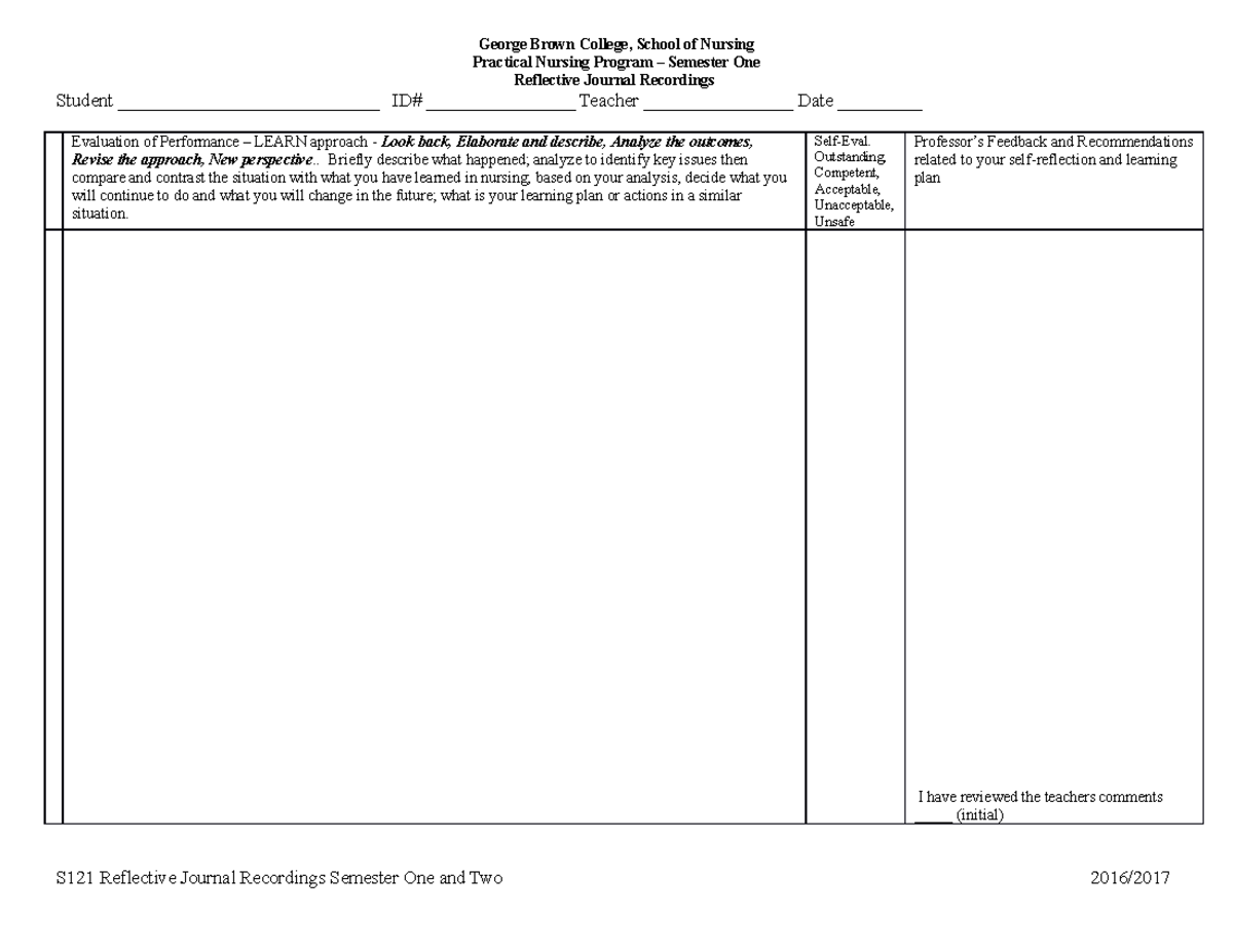 Template Reflective Practice Revised - George Brown College, School of ...