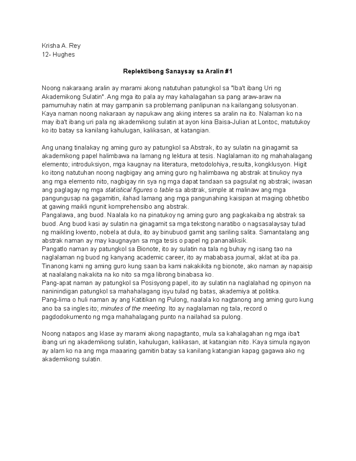 Krisha Rey - Repleksyon sa Aralin #1 - Krisha A. Rey 12- Hughes Replektibong Sanaysay sa Aralin ...