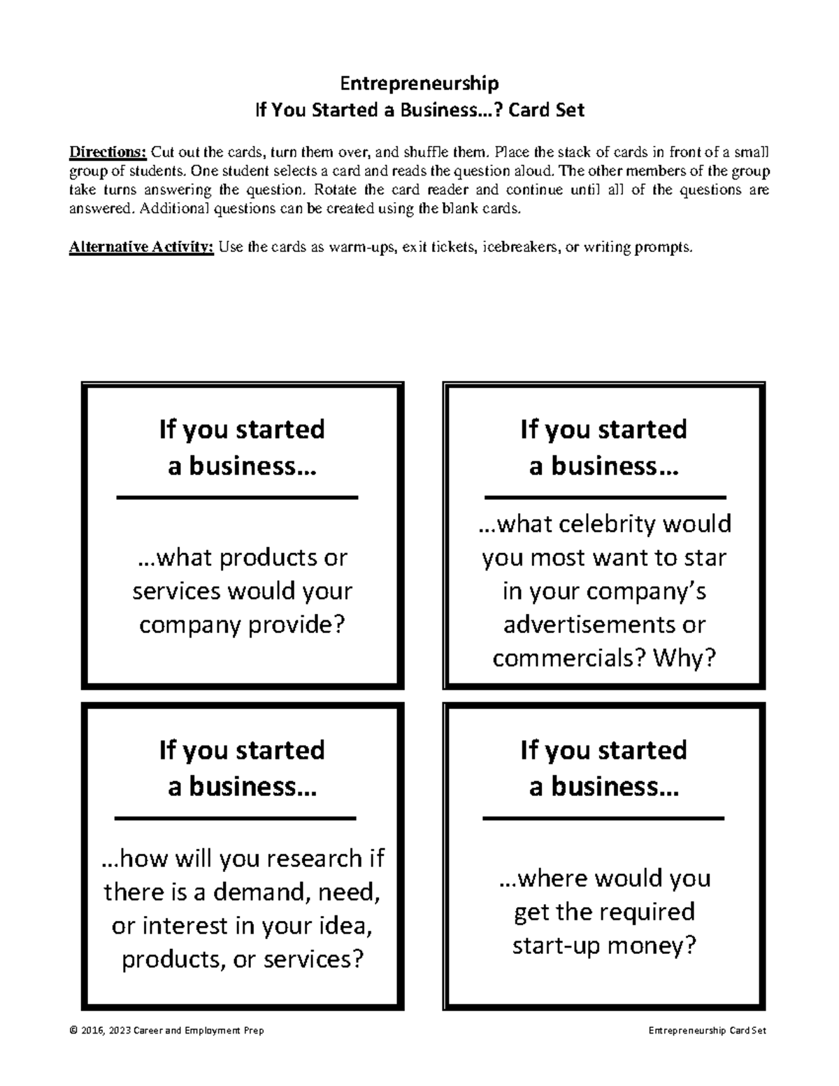 Entrepreneurship Group Activity or Writing Prompts or Fun Icebreakers ...