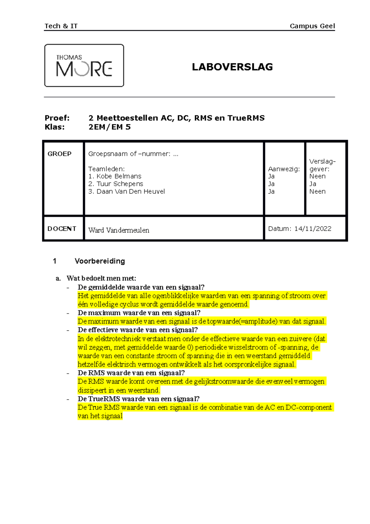 Verslag labo 2 meettoestellen - LABOVERSLAG Proef: 2 Meettoestellen AC ...