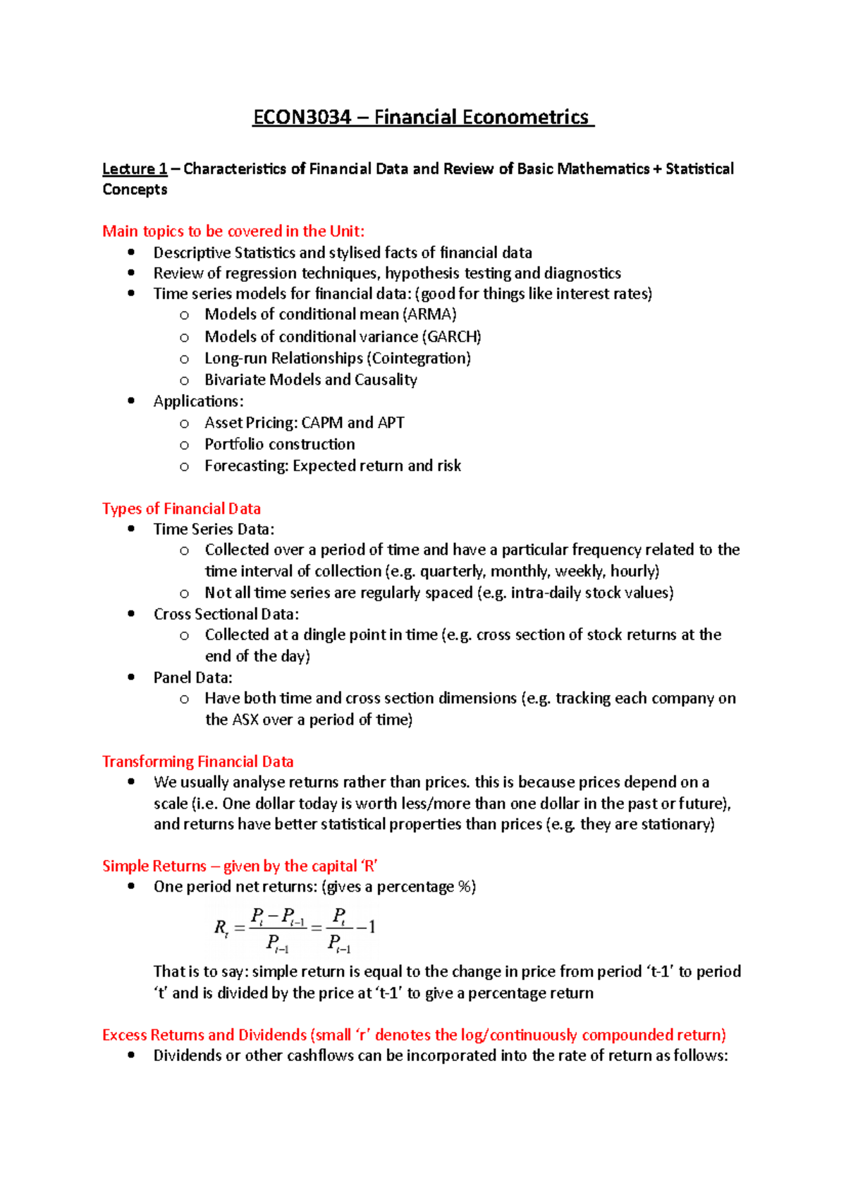ECON3034 Lecture 1 Notes - ECON3034 – Financial Econometrics Lecture 1 ... ECON3034 Lecture 1 Notes - ECON3034 – Financial Econometrics Lecture 1 ...