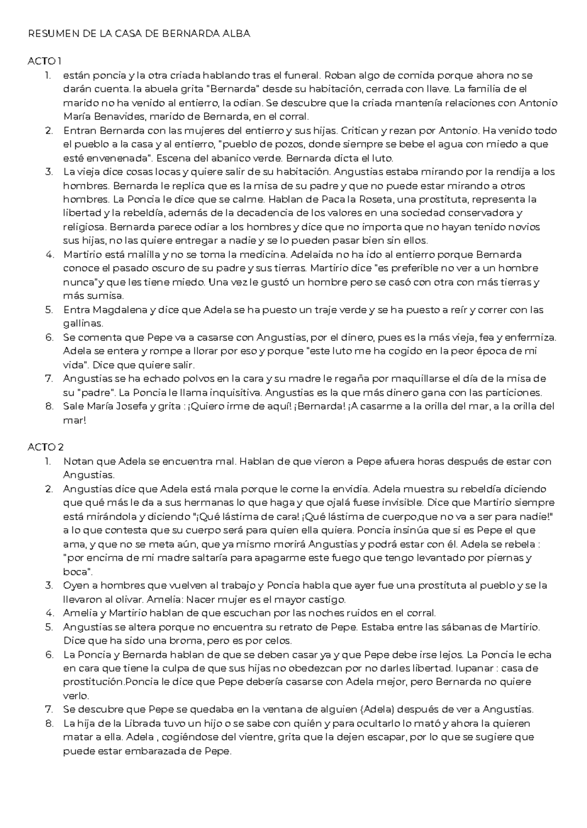 Resumen DE LOS Acontecimientos DE LA CASA DE Bernarda ALBA - RESUMEN DE ...