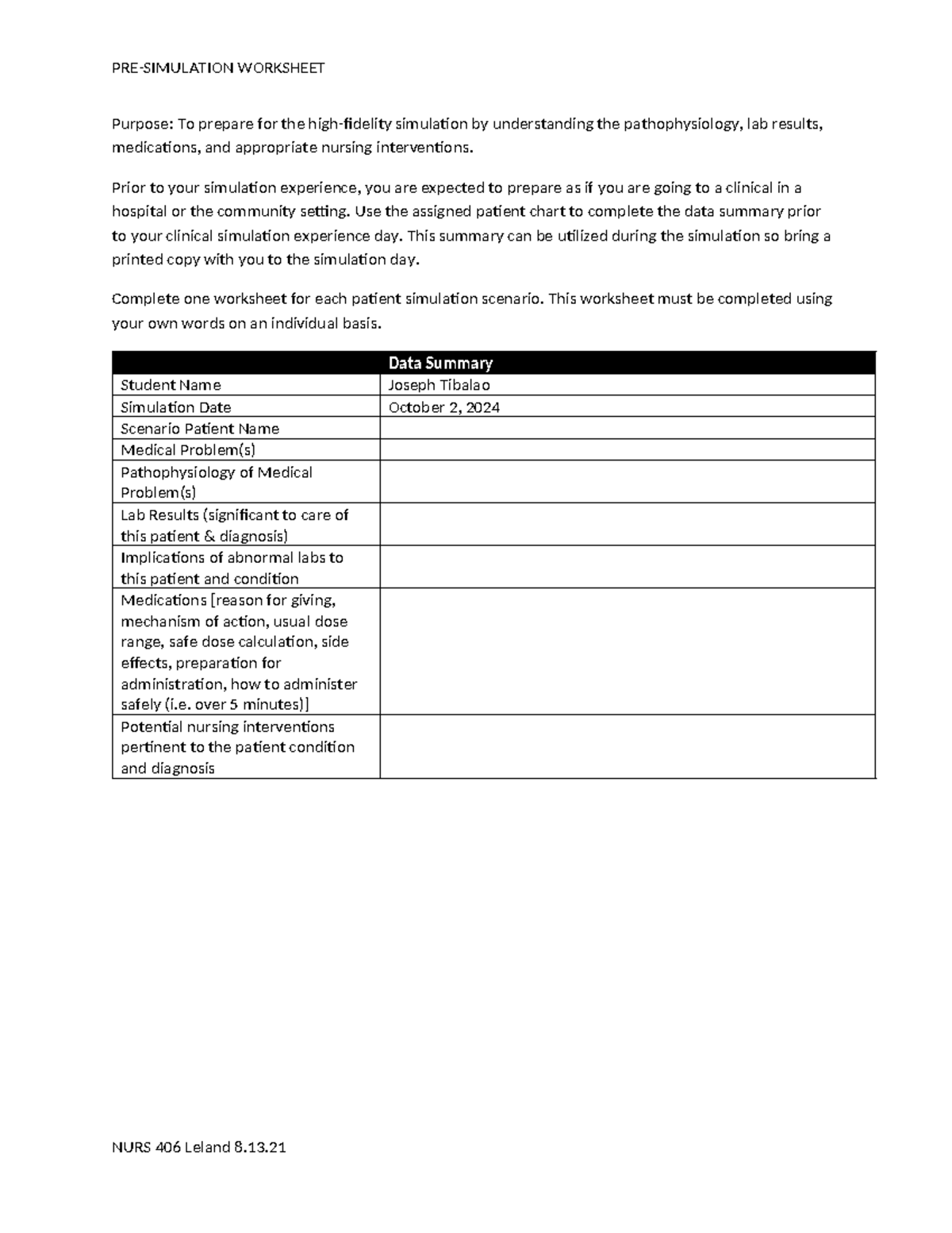 Pre Sim Blank - Math - PRE-SIMULATION WORKSHEET Purpose: To prepare for ...