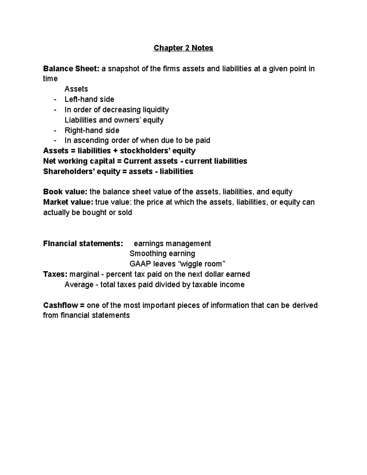 Finance 344 Chapter 2 Notes - Chapter 2 Notes Balance Sheet: a snapshot ...