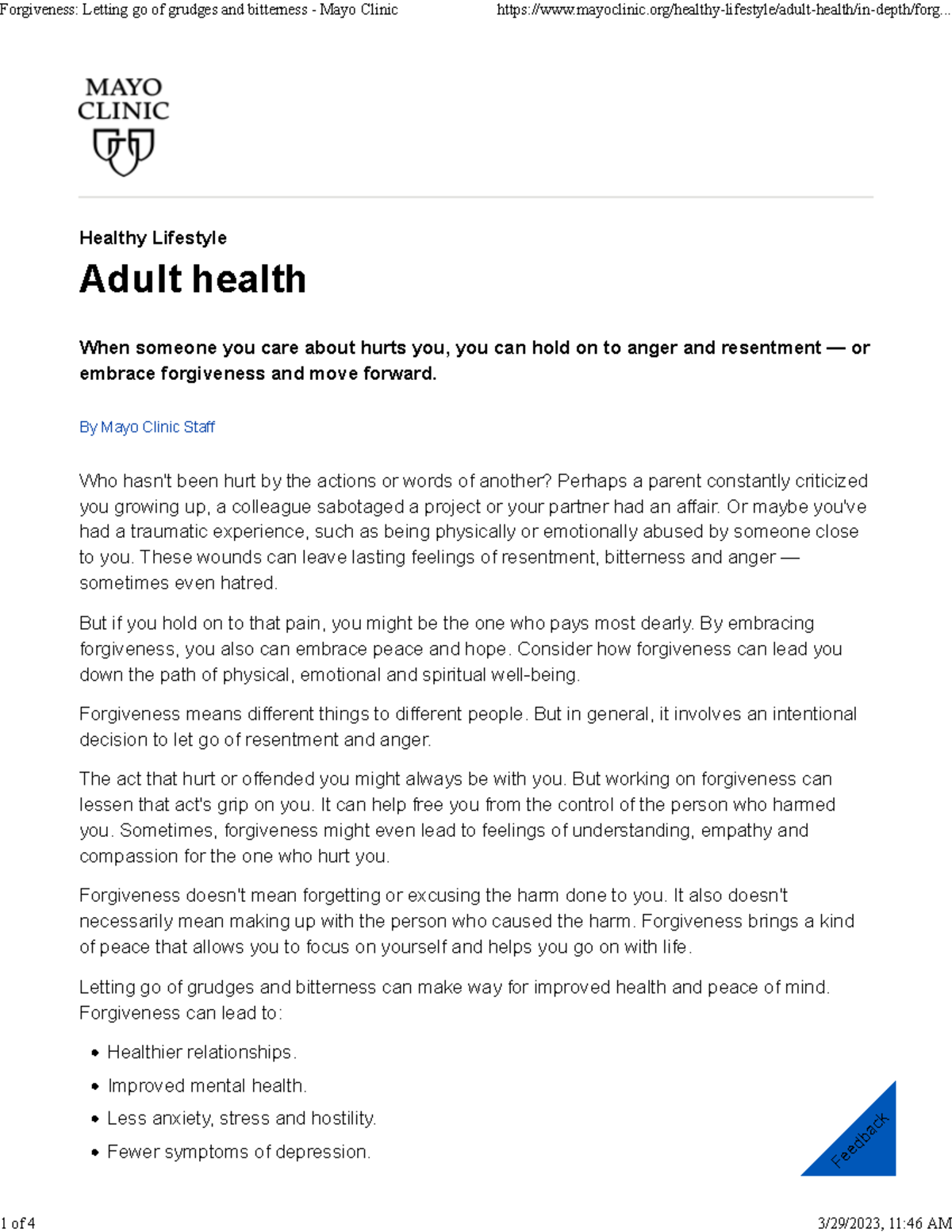 Forgiveness Letting go of grudges and bitterness - Mayo Clinic ...