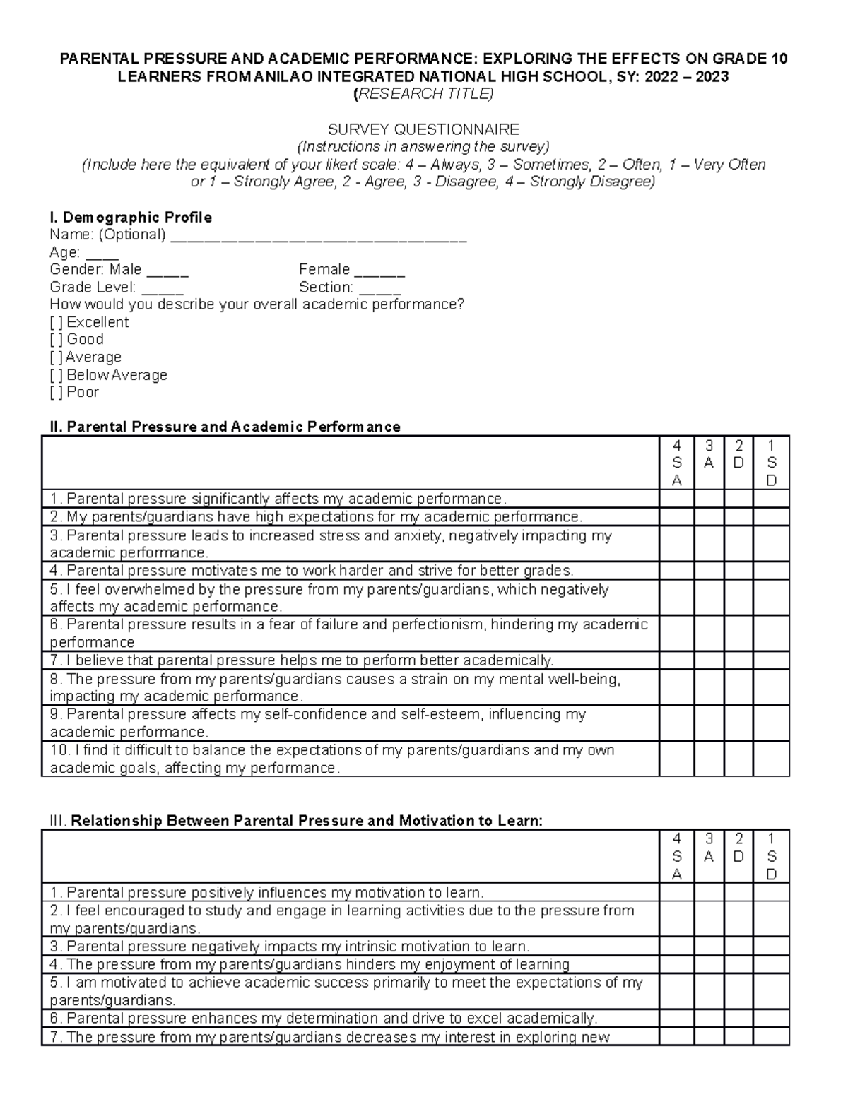 Survey Sample English 10 - PARENTAL PRESSURE AND ACADEMIC PERFORMANCE ...