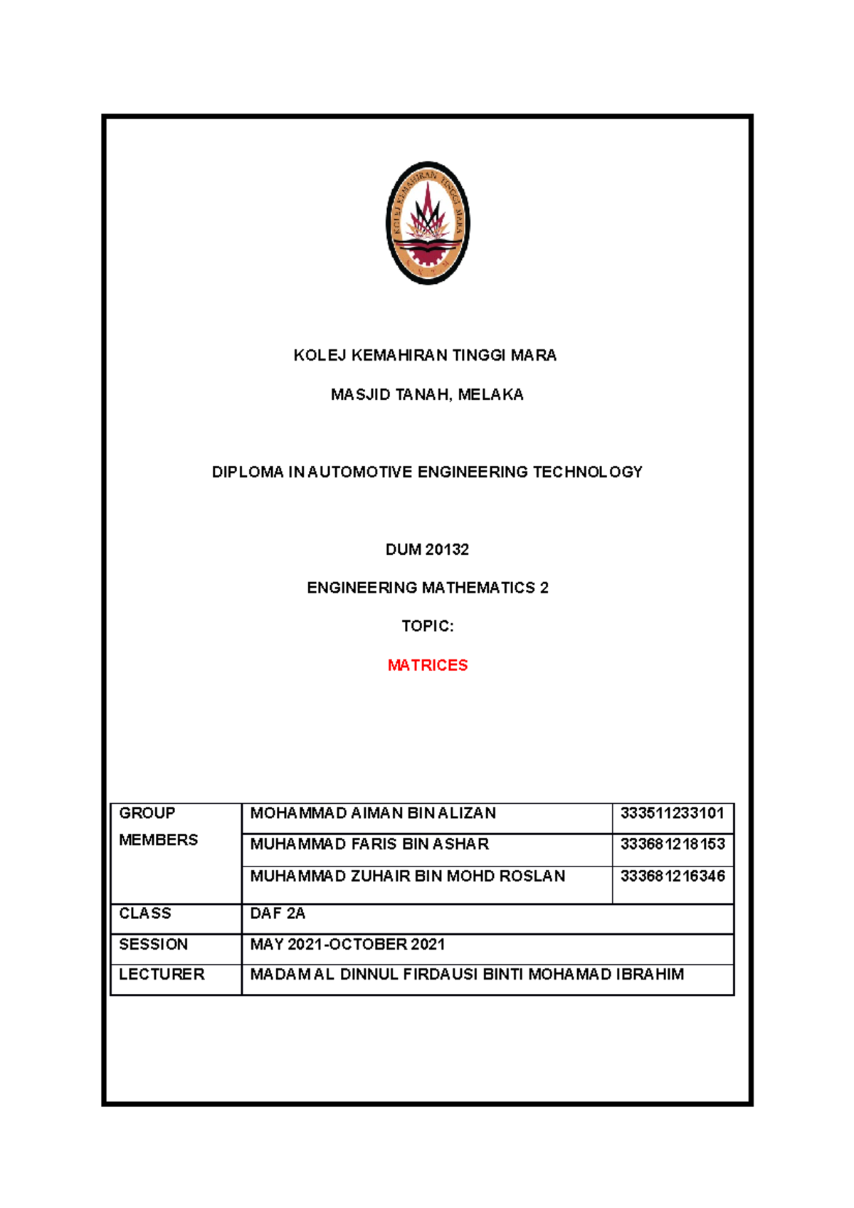 Assignment Mathematic 2 Part A Dan Part B Kumpulan 3 Kolej Kemahiran