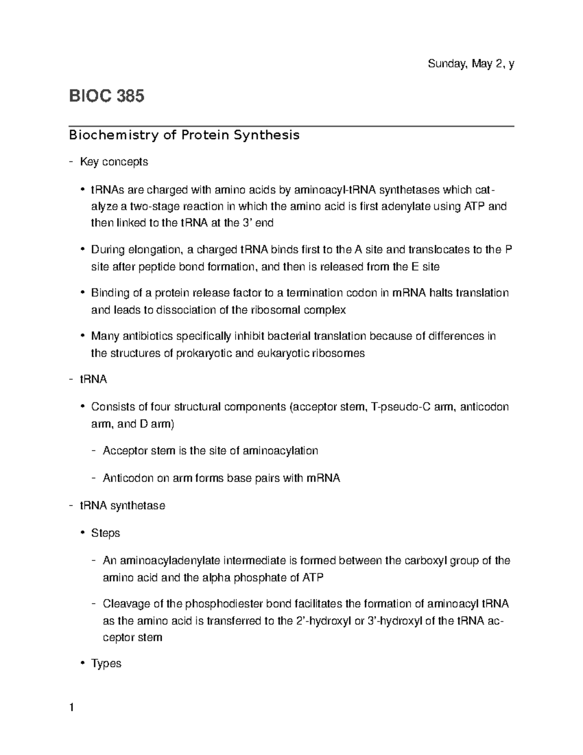 31 - Biochemistry of Protein Synthesis - Studocu