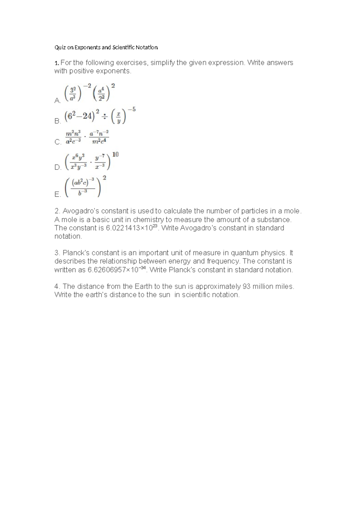 Quiz in EDucation - Quiz on Exponents and Scientific Notation For the ...