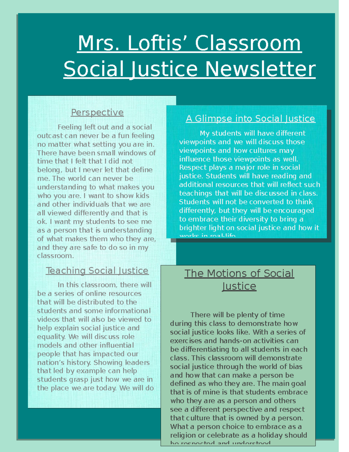 EDU330-Social Justice Newletter - Mrs. Loftis’ Classroom Social Justice ...