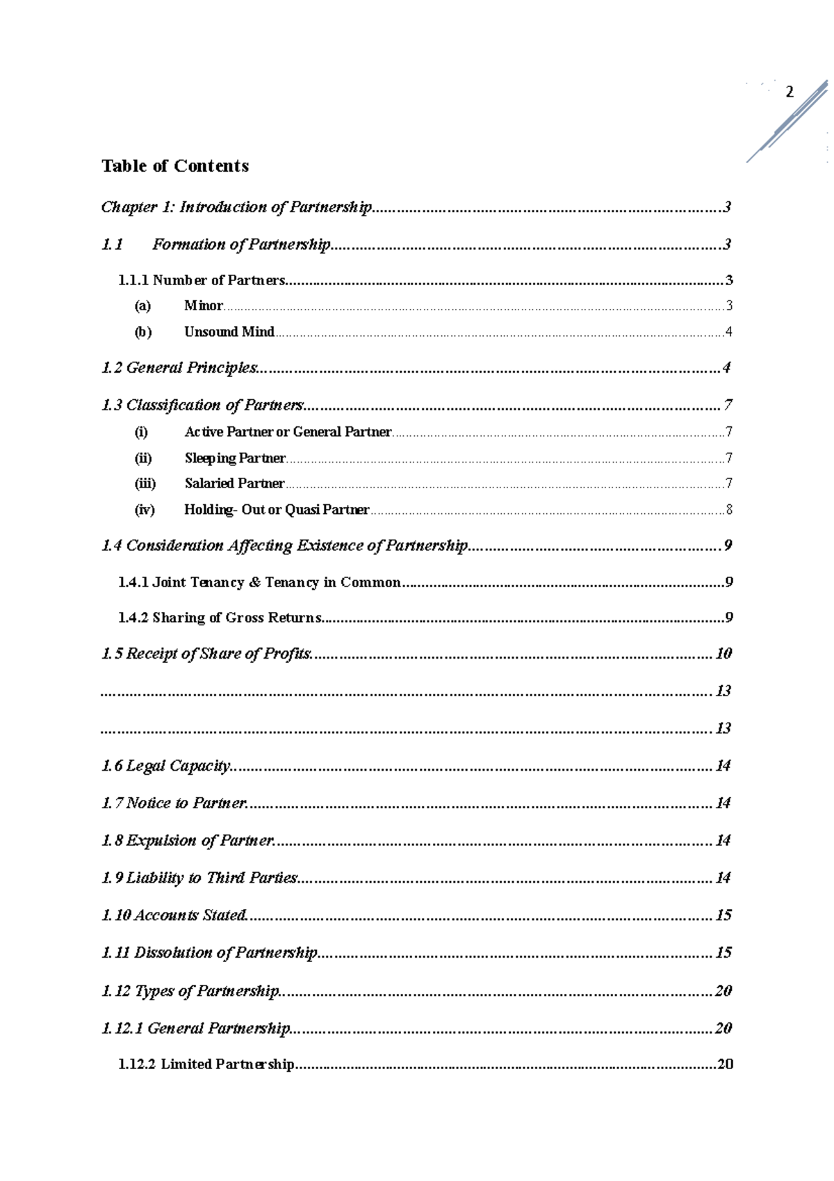 Business Partnership) - Table of Contents Chapter 1: Introduction of ...