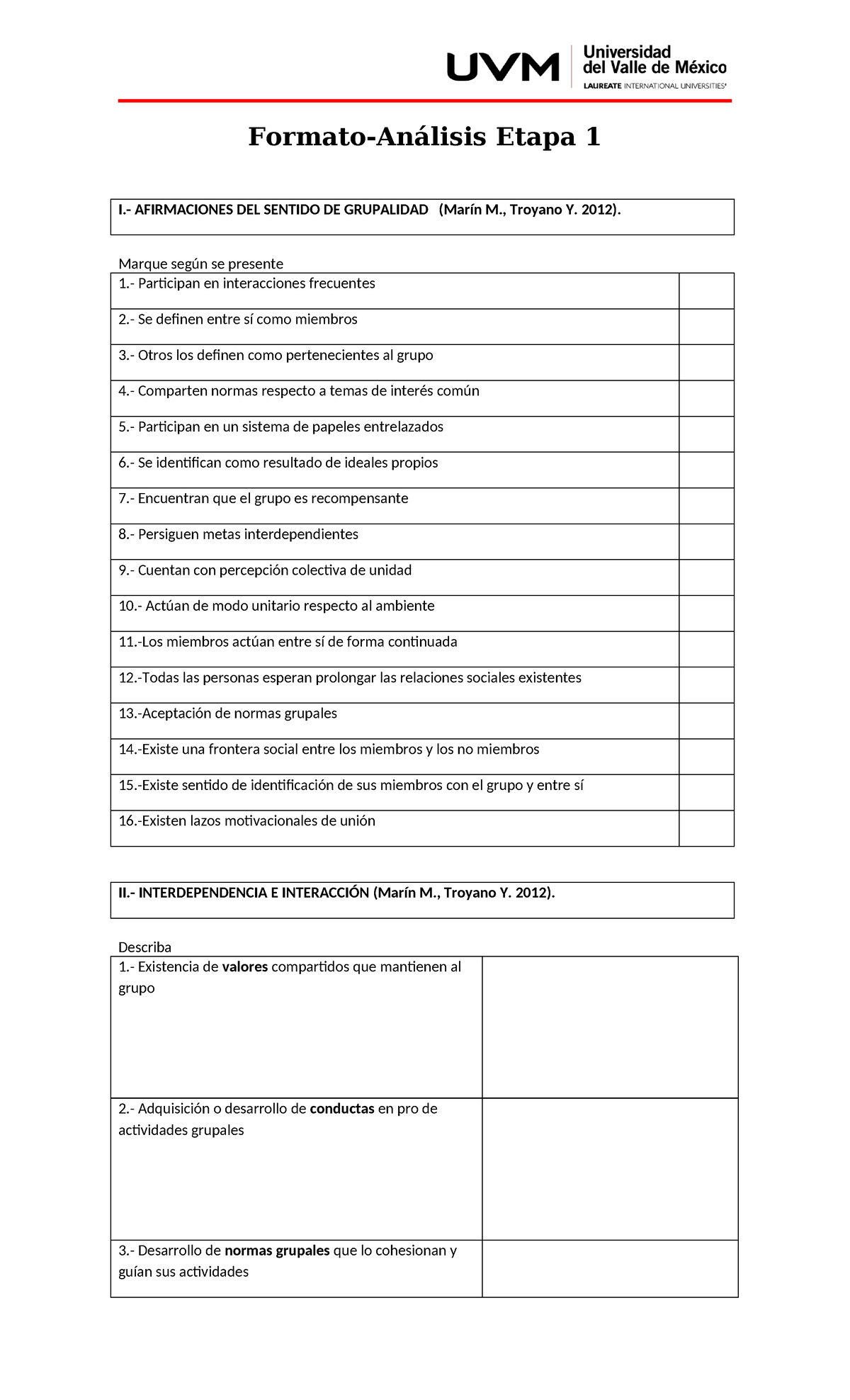 U2 Formato Analisis Proyecto Etapa 1 - Formato-Análisis Etapa 1 I.- AFIRMACIONES DEL SENTIDO DE ...