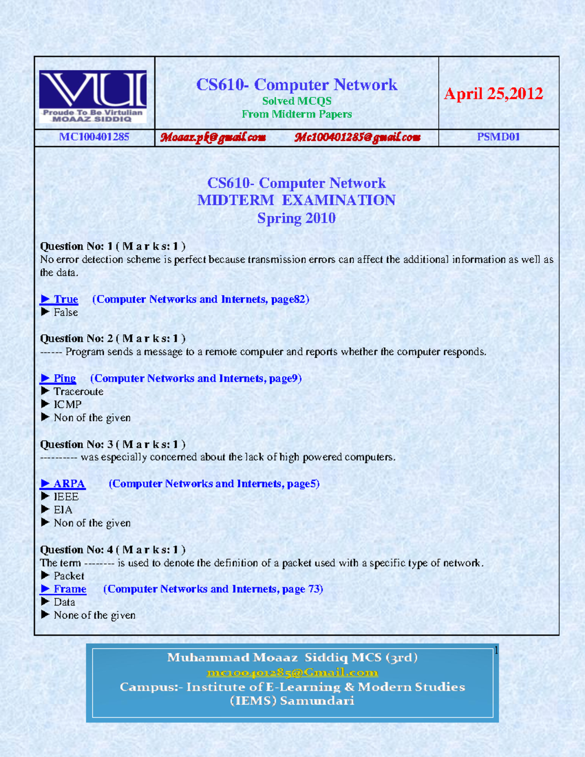 Cs610 Midterm Solved Mcqs By Moaaz Cs610 Computer Network Solved