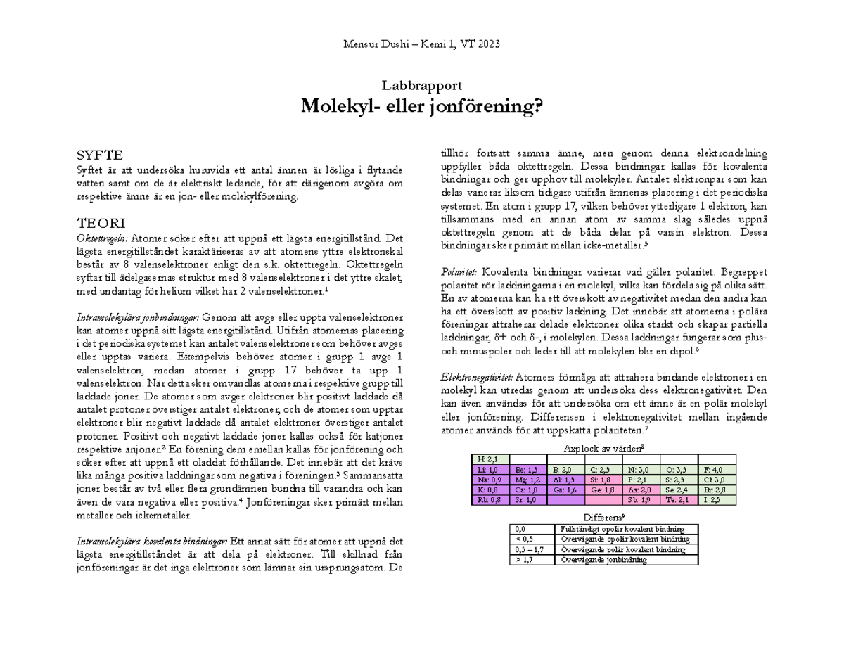 Kemi1 Lab1 Mensur Dushi - Labbrapport Molekyl- eller jonförening? SYFTE Syftet är att undersöka ...
