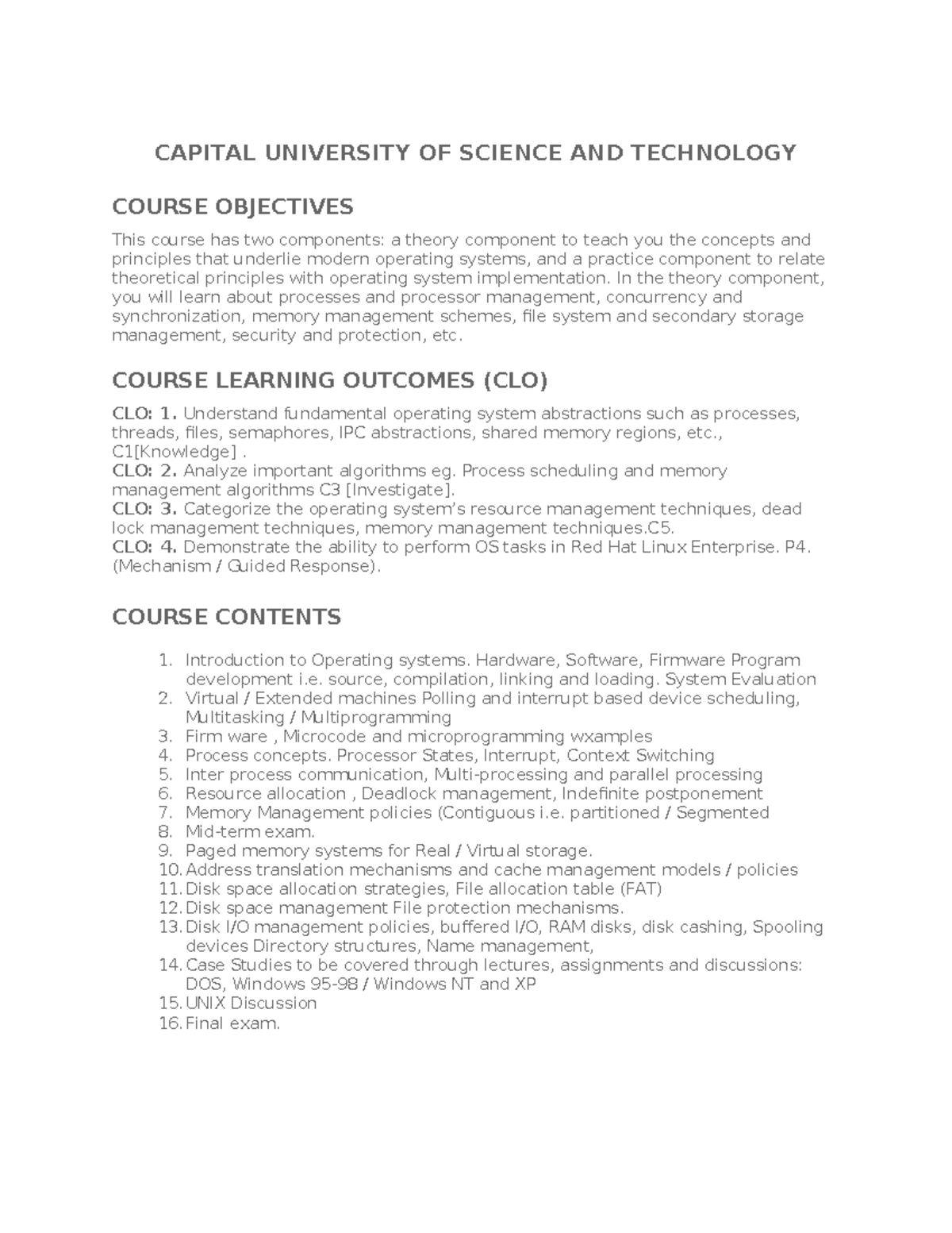 OS Course outline - guilgl - CAPITAL UNIVERSITY OF SCIENCE AND ...
