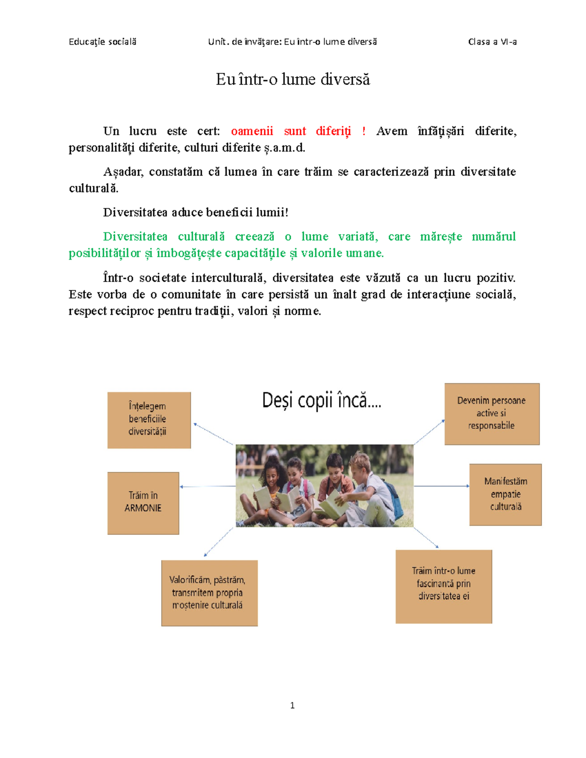 Eu într-o lume diversă. Lecție pentru elevi. Clasa a VI-a. Educație Socială - Educație socială ...