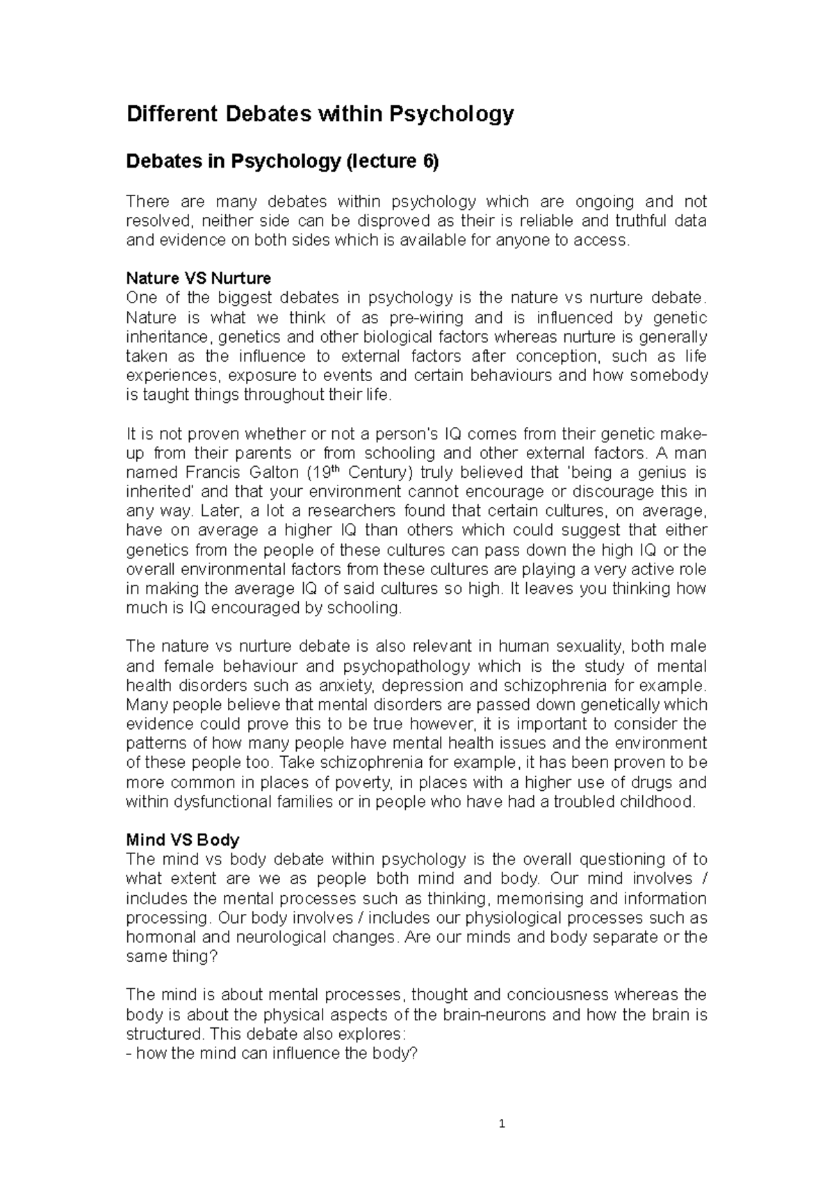 Different Debates within Psychology - Different Debates within ...