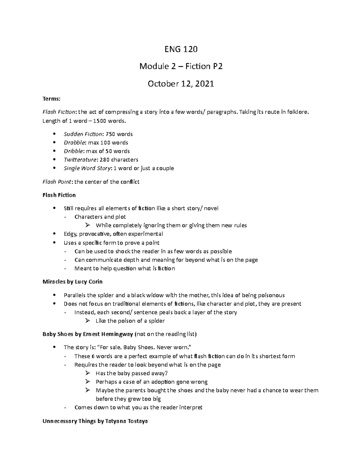 ENG 120 - Fiction P2 - Professor Jeanette Lynes - ENG 120 Module 2 ...