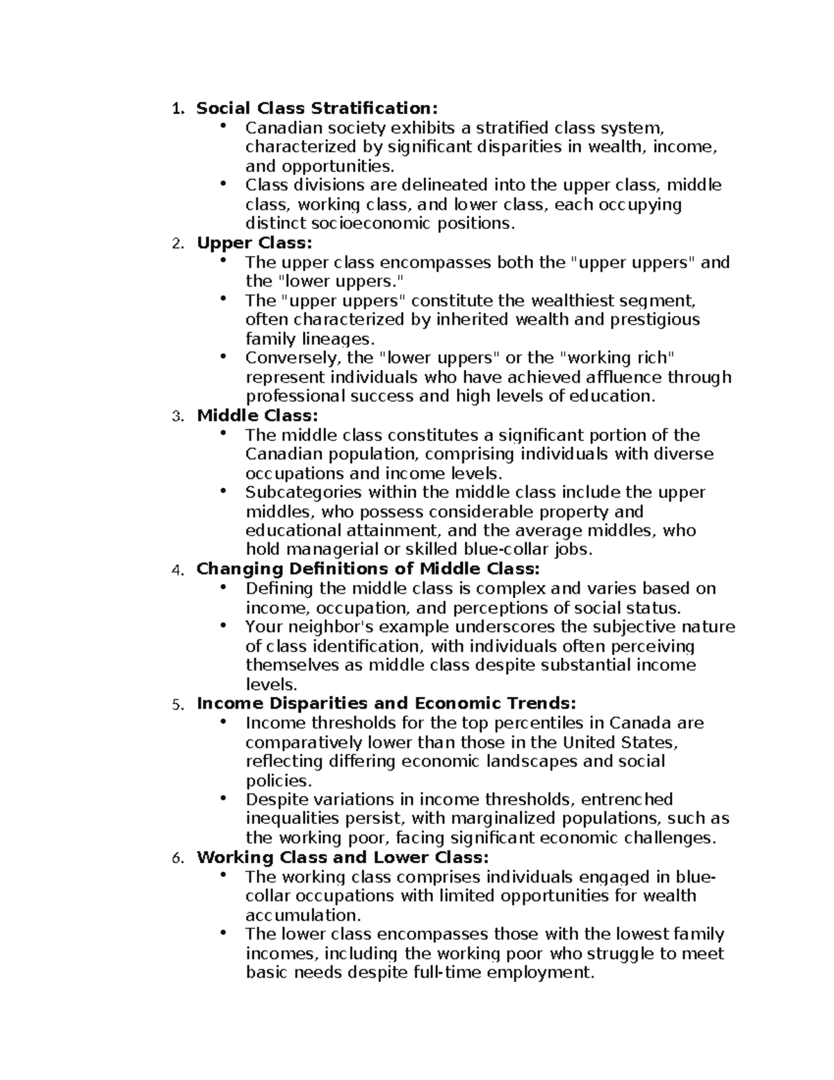 Inequality and Class Notes - 1. Social Class Stratification: Canadian ...