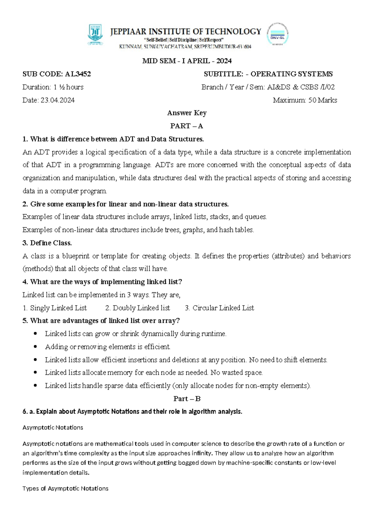 Mid I Answer key - AD3251 -DSD - MID SEM - I APRIL - 2024 SUB CODE ...