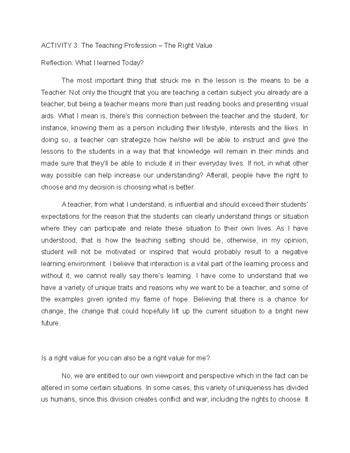 The Teaching Profession – The Right Value - Not only the thought that ...