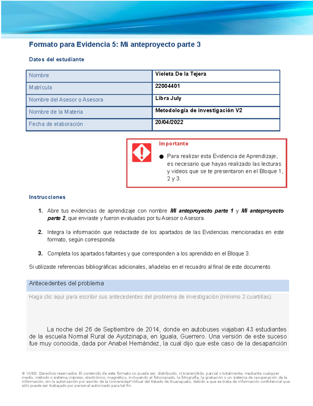 Metodología y Anteproyecto de un problema actual - Formato para ...