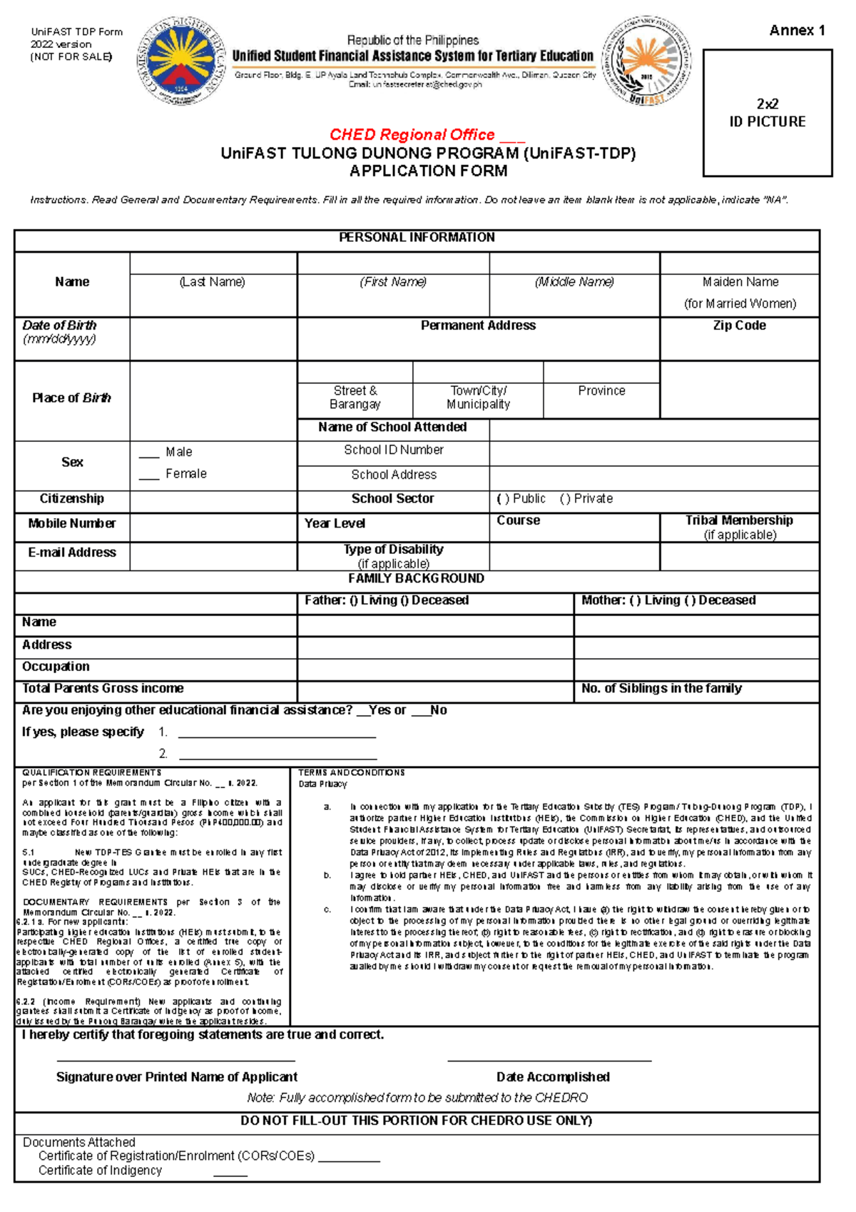 Annex 1 TDP Application Form New - UniFAST TDP Form Annex 1 2022 ...