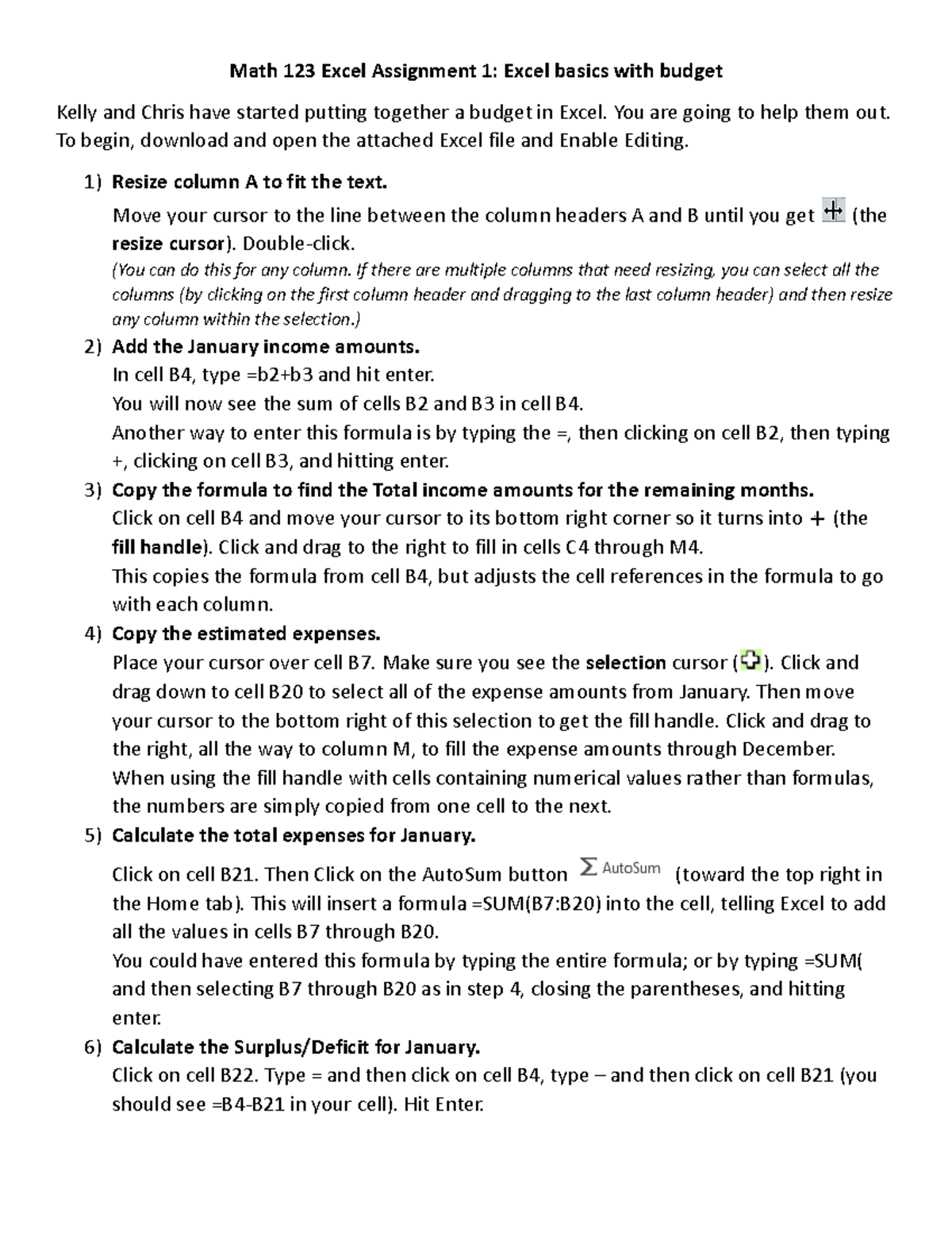 Excel Assignment 1, budget - Math 123 Excel Assignment 1: Excel basics with budget Kelly and ...